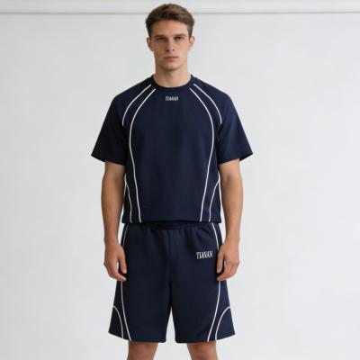 China Manufacturer High Quality Summer 2 Two Piece Custom Oversized Reflective Stripe Tracksuit Boxy Printed T-shirt and Shorts Set for sale