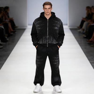 China Brand Men's Designer Rhinestone Streetwear Zip up Hoodie and Pants Set Custom High Quality Sweatsuit Cotton Tracksuit for Men for sale