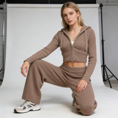 China Most Popular Custom Double Zipper Knit Cardigan Hoodie and Pants 2 Piece Sets Winter Fitness Active Lounge Tracksuit for Women for sale