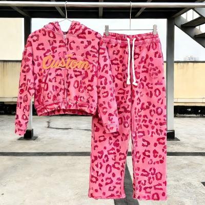 China Heavyweight All Over Leopard Print Unisex Oversized Streetwear Tracksuit Custom Fit Boxy Sweatsuit Zip up Hoodie and Pants Sets for sale