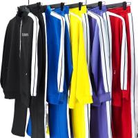 China Custom Logo Casual Jogger Cotton Polyester Sweatsuit Baggy Side Striped Tracksuit Zip Jacket Flared Sweatpants and Hoodie Sets for sale