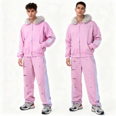 China 2025 Trending Streetwear Zip up Cropped Flared Sweatpants and Hoodie Tracksuit Sets  Custom Printed Fur Collar Sweatsuit for sale