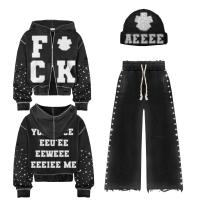China Custom Rhinestone Zip up Oversized Sweatsuit Contrast Stitch Streetwear Tracksuit Embroidery Flared Sweatpants and Hoodie Sets for sale