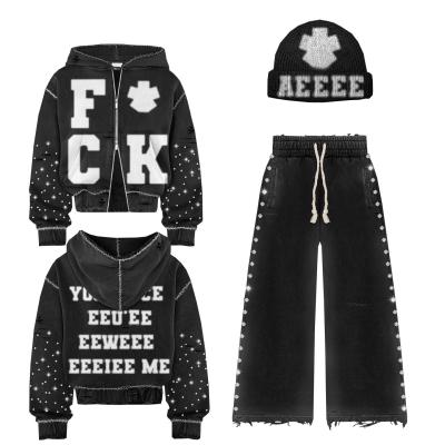 China Custom Rhinestone Zip up Oversized Sweatsuit Contrast Stitch Streetwear Tracksuit Embroidery Flared Sweatpants and Hoodie Sets for sale