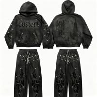 China Custom Vintage Streetwear Rhinestone Tracksuit Acid Wash Heavyweight Joggers Sweatsuit Flared Sweatpants and Hoodie Sets for Men for sale