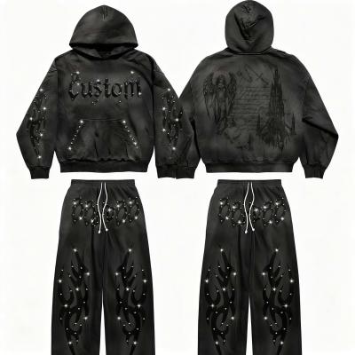 China Custom Vintage Streetwear Rhinestone Tracksuit Acid Wash Heavyweight Joggers Sweatsuit Flared Sweatpants and Hoodie Sets for Men for sale