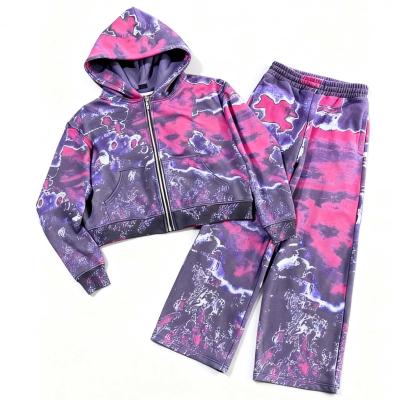 China Custom High Quality Men's Sweatsuit French Terry Cotton Print Y2k Zip up Streetwear Tracksuit Flared Sweatpants and Hoodie Sets for sale
