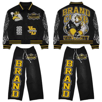 China Y2k Manufactures Custom Tracksuit High Quality Acid Wash Sweatsuit Applique Embroidery Men'S Jackets and Flare Sweat Pants Sets for sale