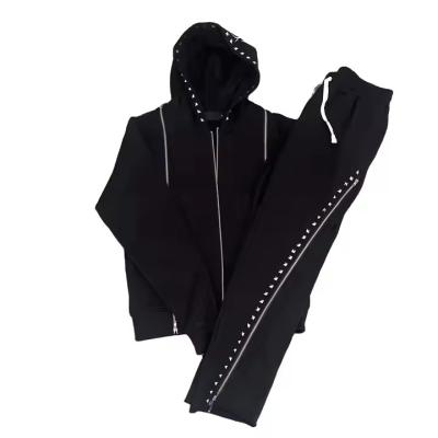 China High Quality Custom Streetwear Triple Zip up Blank Sweatsuit Hip Hop Rivet Tracksuit Hoodie and Flare Sweatpants Set for Men for sale