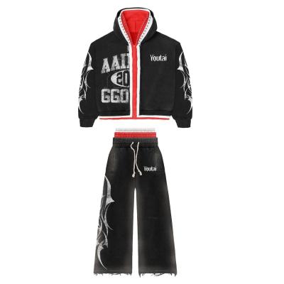 China Streetwear Triple Layer Acid Wash Flared Sweatpants and Hoodie Sets Custom Heavyweight Oversized Cropped Printed Rivet Sweatsuit for sale