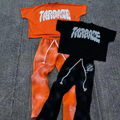 China Manufacturer Custom Acid Wash Sweatsuit Jogger Short Sleeve Cropped Boxy Printing Sun Faded T Shirt and Flared Pants Set for Men for sale