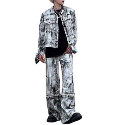 China Custom Designer High Quality Vintage Dirt Destruction Denim Sweatsuit Streetwear Tracksuit Jeans Pants and Jacket 2 Piece Set for sale
