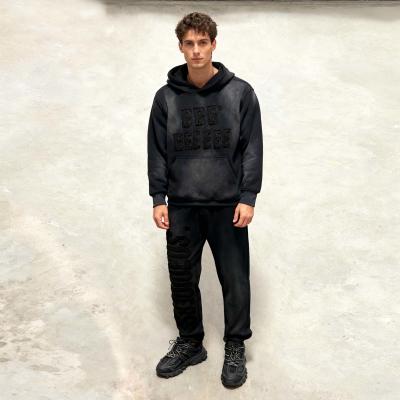 China Clothing Manufacturer Acid Wash Distressed Embroidery Logo Men's Tracksuit Custom Cropped Flared Sweatpants and Hoodie Sets Men for sale