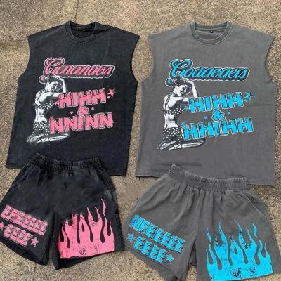 China Custom Streetwear Screen Printing Summer Outfit T-Shirt and Shorts Set for Men Crew Neck Acid Wash Sleeveless Shirts Sweatsuit for sale