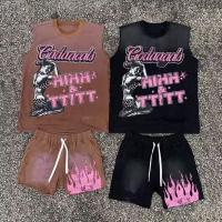 China Wholesale Custom Screen Print 100% Cotton Two Piece Sleeveless Sweatsuit Vintage Acid Wash T-Shirt and Shorts Set for Men for sale
