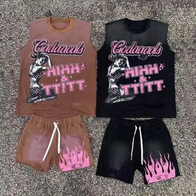 China Wholesale Custom Screen Print 100% Cotton Two Piece Sleeveless Sweatsuit Vintage Acid Wash T-Shirt and Shorts Set for Men for sale