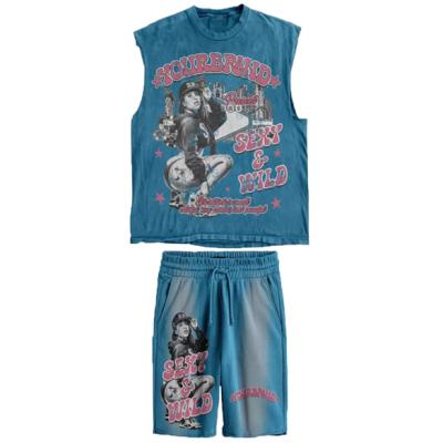 China Custom Streetwear Men'S Short Sleeved Suit Acid Washed Printed Men Vest and Drawstring Flare Sweat Pants Fashion Sports Set for sale