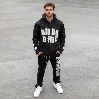 China 2025 Hot Sell Streetwear Rhinestones Embroidery Patch Men'S Sweatsuit Custom Full Zip up Flared Sweatpants and Hoodie Sets for sale