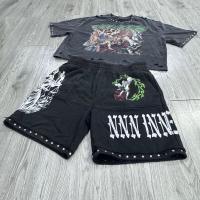 China Custom Rhinestone Acid Wash Printed Cropped 100%Cotton Vintage Sweatsuit for Men Streetwear T-Shirt and Shorts Set Manufacturer for sale