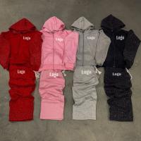 China 2025 Trending Heavyweight All Print Rhinestone Sweatsuit Custom Streetwear Trackusit Acid Wash Flared Sweatpants and Hoodie Sets for sale