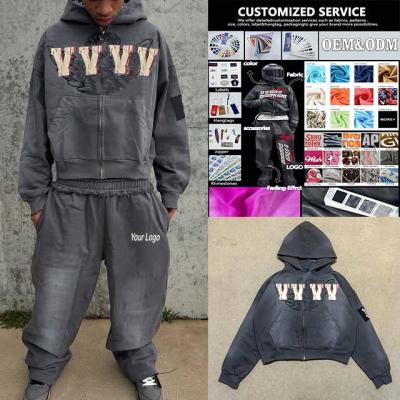 China 2025 Hot Sale Custom Vintage Acid Wash Printed Sudaderas Hombre Sweatsuit Cropped Cotton Streetwear Tracksuit for sale