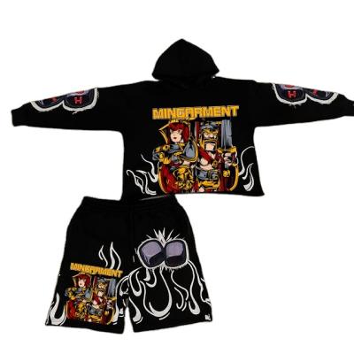 China Custom Heavyweight Printed Streetwear Acid Wash Hoody Men'S Sweatsuit High Quality Black Baggy Hoodie and Shorts Sets for Men for sale
