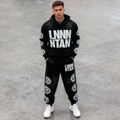 China Heavyweight Vintage Acid Washed No Drawstring Hoodie and Sweat Pants Sets Custom Digital Print Graphics Streetwear Tracksuit Men for sale