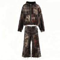 China Wholesale Custom Men's Sportswear Flared Sweatpants and Hoodie Set Rhinestones Sweatsuit Plaid Cropped Streetwear Tracksuit for sale