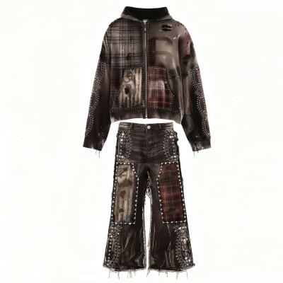 China Wholesale Custom Men's Sportswear Flared Sweatpants and Hoodie Set Rhinestones Sweatsuit Plaid Cropped Streetwear Tracksuit for sale