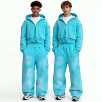 China Custom Cropped Printed Flared Sweatpants and Hoodie Sets Baggy Sweatsuit Cotton Acid Wash Flare Streetwear Tracksuits for Men for sale