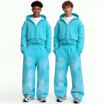 China Custom Cropped Printed Flared Sweatpants and Hoodie Sets Baggy Sweatsuit Cotton Acid Wash Flare Streetwear Tracksuits for Men for sale