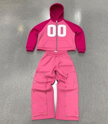 China High Quality Oversized Flared Sweatpants and Hoodie Sets Custom Stacked Acid Wash Baggy Sweatsuit Streetwear Tracksuit for sale