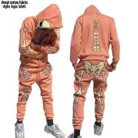 China Custom Embroidered  Stacked Sweat Pants Skull Skeleton Pattern Sweatsuit Full Face Zip up Hoodie Sweatpants Men'S Sets for sale