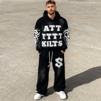 China Custom Streetwear Acid Wash Flared Tracksuit Applique Embroidery French Terry Oversized Sweatpants and Hoodie Set for sale