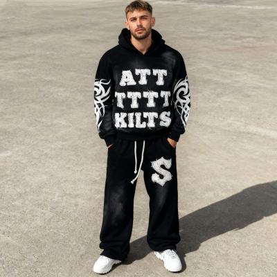 China Custom Streetwear Acid Wash Flared Tracksuit Applique Embroidery French Terry Oversized Sweatpants and Hoodie Set for sale