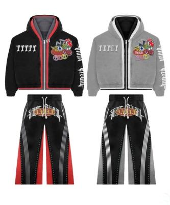 China Custom Heavyweight Acid Wash Flared Sweatpants and Hoodie Sets Unisex Wholesale Triple Layer Distressed Zip up Men Sweatsuit for sale