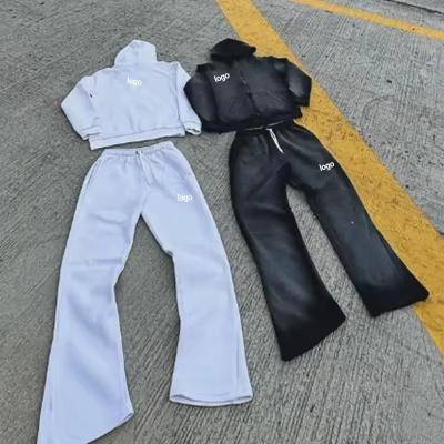 China Custom Sun Faded Vintage Jogging Heavyweight Flared Sweatpants and Hoodie Sets Men Streetwear Acid Wash Two Piece Sweatsuit for sale