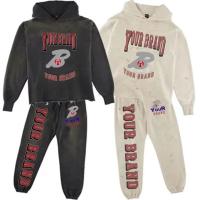 China Custom 100% Cotton Sweat Suits Two Piece Oversize Baggy Tracksuit Thick Print Raw Hem Acid Wash Men Hoodies and Sweat Pant Sets for sale