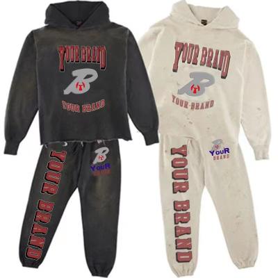China Custom 100% Cotton Sweat Suits Two Piece Oversize Baggy Tracksuit Thick Print Raw Hem Acid Wash Men Hoodies and Sweat Pant Sets for sale