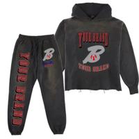 China Custom 100% Cotton Sweat Suits Two Piece Oversize Baggy Tracksuit Thick Print Raw Hem Acid Wash Men Hoodies and Sweat Pant Sets for sale