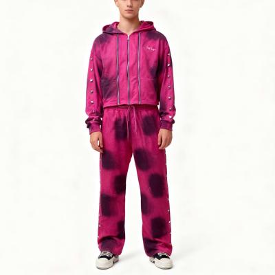 China Wholesale Custom Heavyweight Vintage Jogger Rivet Sweatsuit Streetwear Baggy Triple Zip up Flared Sweatpants and Hoodie Sets for sale