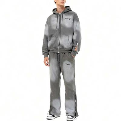 China Custom Joggers Distressed Acid Wash Blank Men's Tracksuit Oversized Cotton Printed Embroidery Flared Hoodie and Sweatpants Set for sale