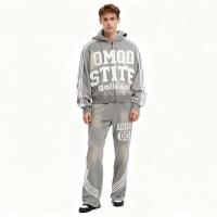 China Custom Streetwear Acid Washed Stripe Sweatsuit Sun Faded Vintage Flared Sweatpants and Hoodie Sets Heavyweight Men'S Tracksuit for sale