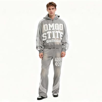 China Custom Streetwear Acid Washed Stripe Sweatsuit Sun Faded Vintage Flared Sweatpants and Hoodie Sets Heavyweight Men'S Tracksuit for sale