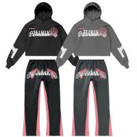 China Streetwear Heavyweight Men'S Stacked Sweatpants Tracksuit Custom Logo Plus Size Men Pullover Hoodie and Flare Sweat Pants Set for sale