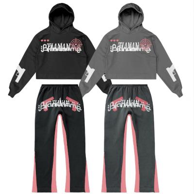 China Streetwear Heavyweight Men'S Stacked Sweatpants Tracksuit Custom Logo Plus Size Men Pullover Hoodie and Flare Sweat Pants Set for sale