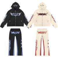 China StreetWear Manufacturer Custom Heavyweight Winter Tracksuits Men Cotton Puff Printing Flare Stacked Pants and Hoodie Sets Unisex for sale