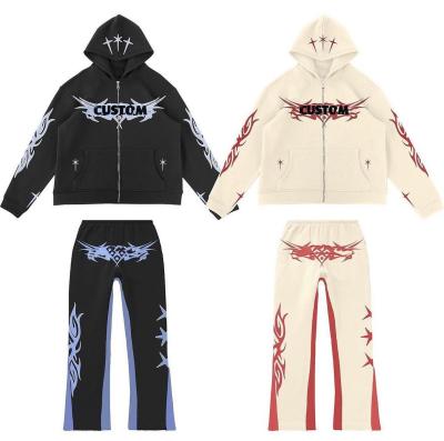 China StreetWear Manufacturer Custom Heavyweight Winter Tracksuits Men Cotton Puff Printing Flare Stacked Pants and Hoodie Sets Unisex for sale