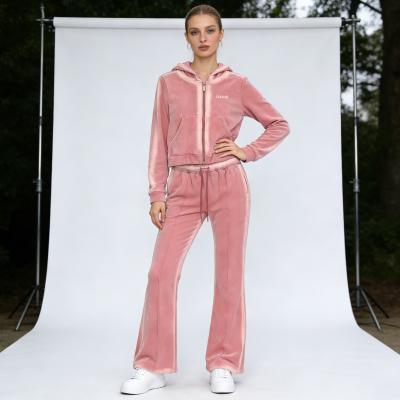 China Custom Women's High Quality Acid Wash 2 Piece Streetwear Set Letter Embroidered Print Shinny Pink Slim Straight Zipper Tracksuit for sale