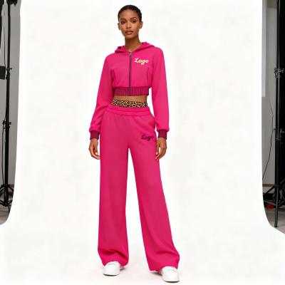 China Dongguan Clothing Manufacturer Women's Y2K Leopard Lady Sweatsuit Zipper Hoodie and Double Waist Pants Casual Girl 2 Piece Set for sale